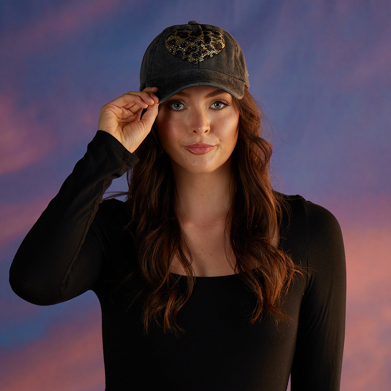 Leopard Rhinestone Heart Gray Cap - Cracker Barrel