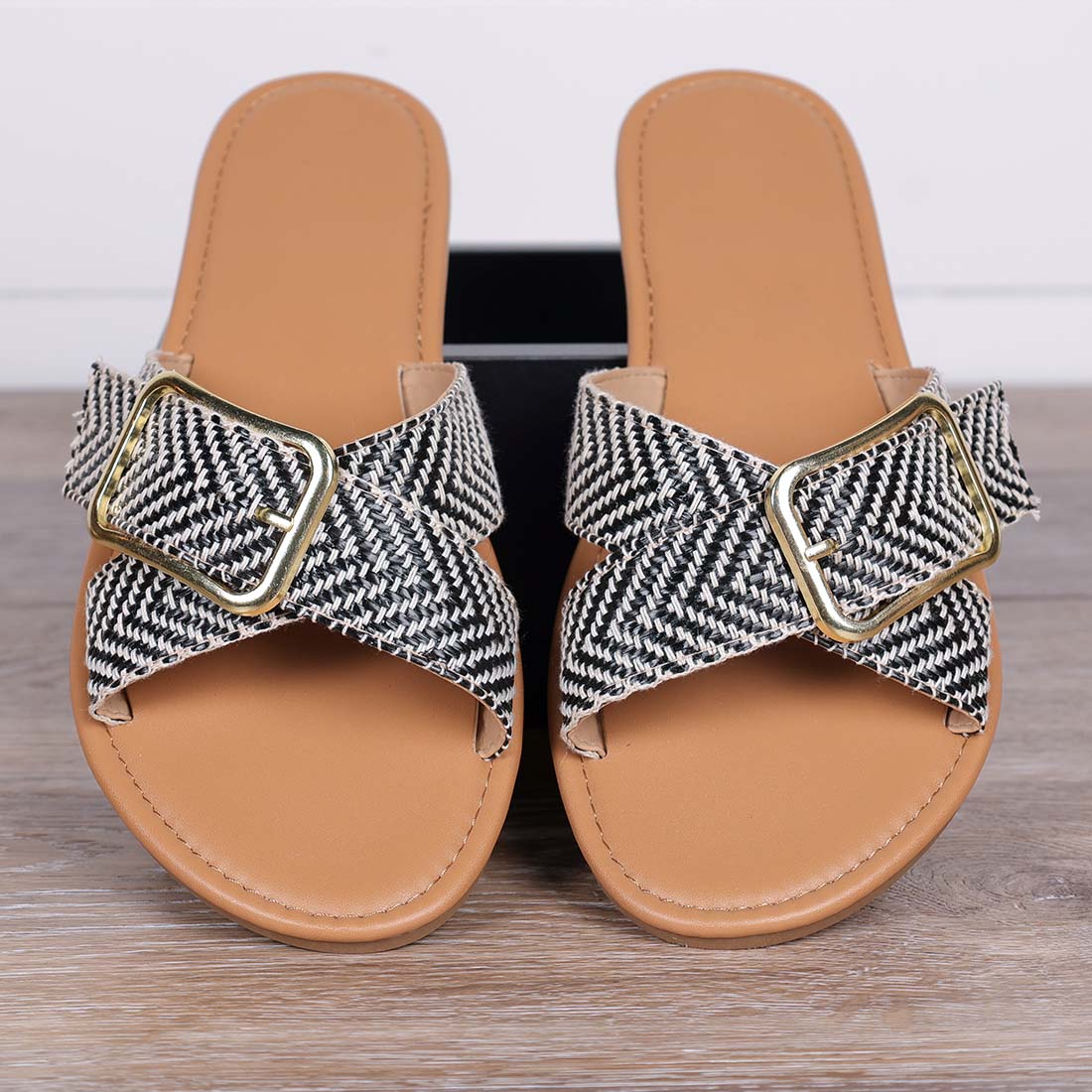 Criss-Cross Woven Black Slides - Cracker Barrel