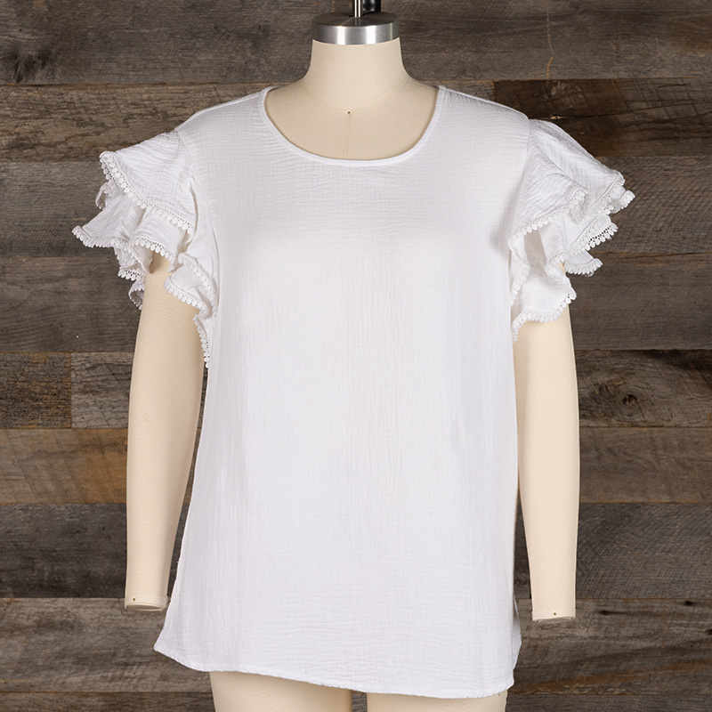 Double Gauze Flutter Sleeve White Top - Cracker Barrel