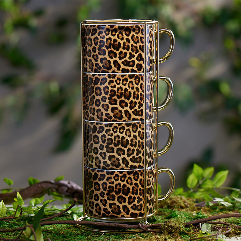 Leopard Mug Set with Holder - Cracker Barrel