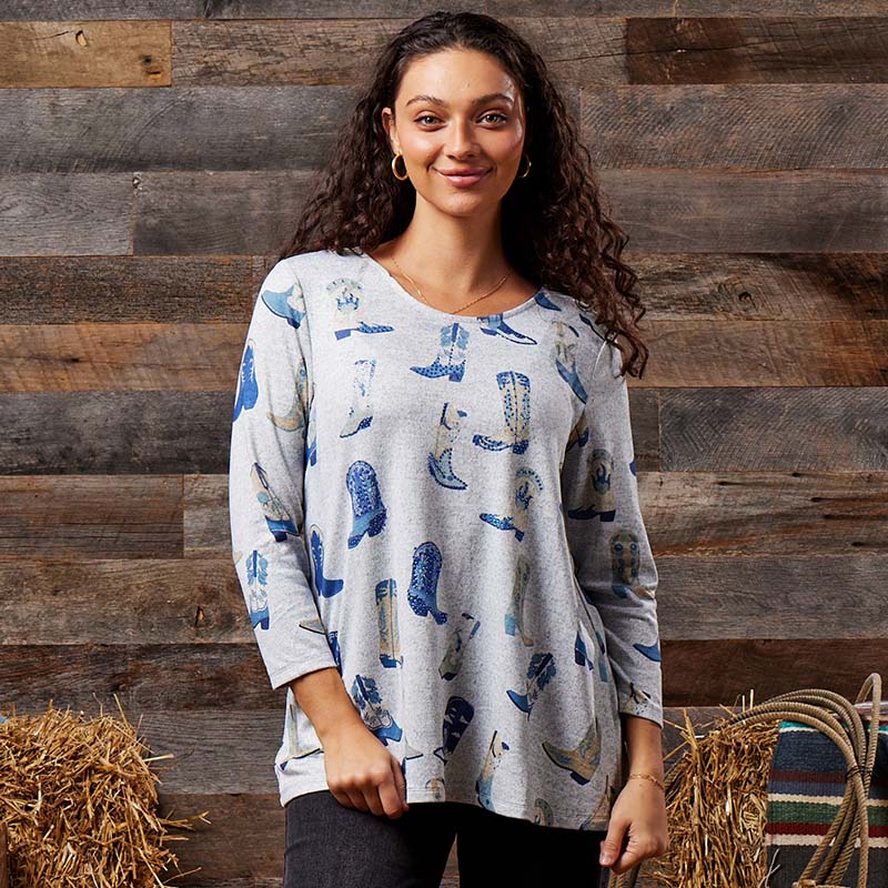 Cowboy Boot Print Gray Hacci Top - Cracker Barrel