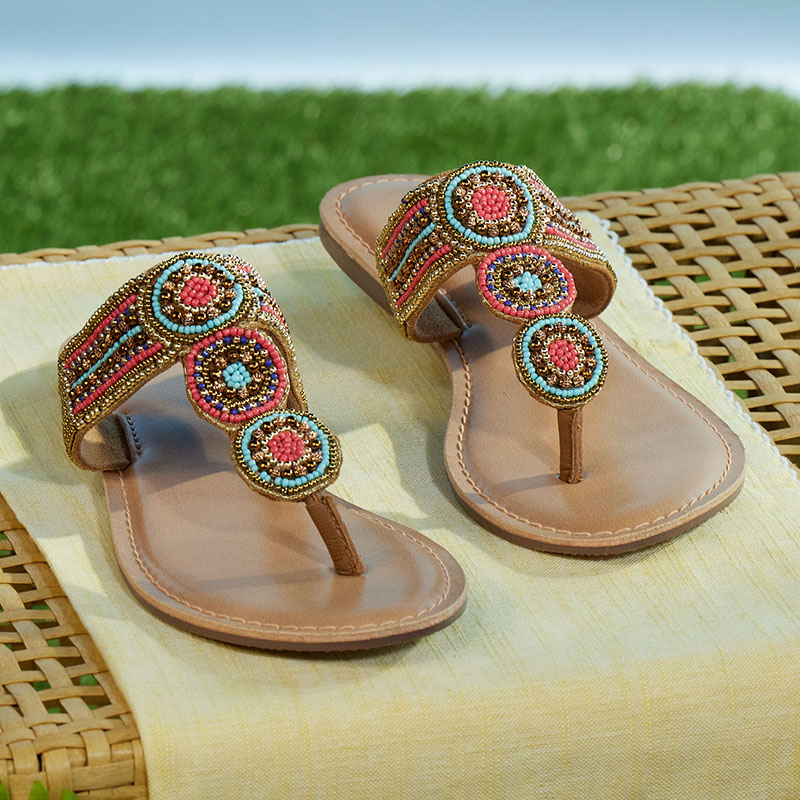 Turquoise and Pink Beaded Sandals - Cracker Barrel