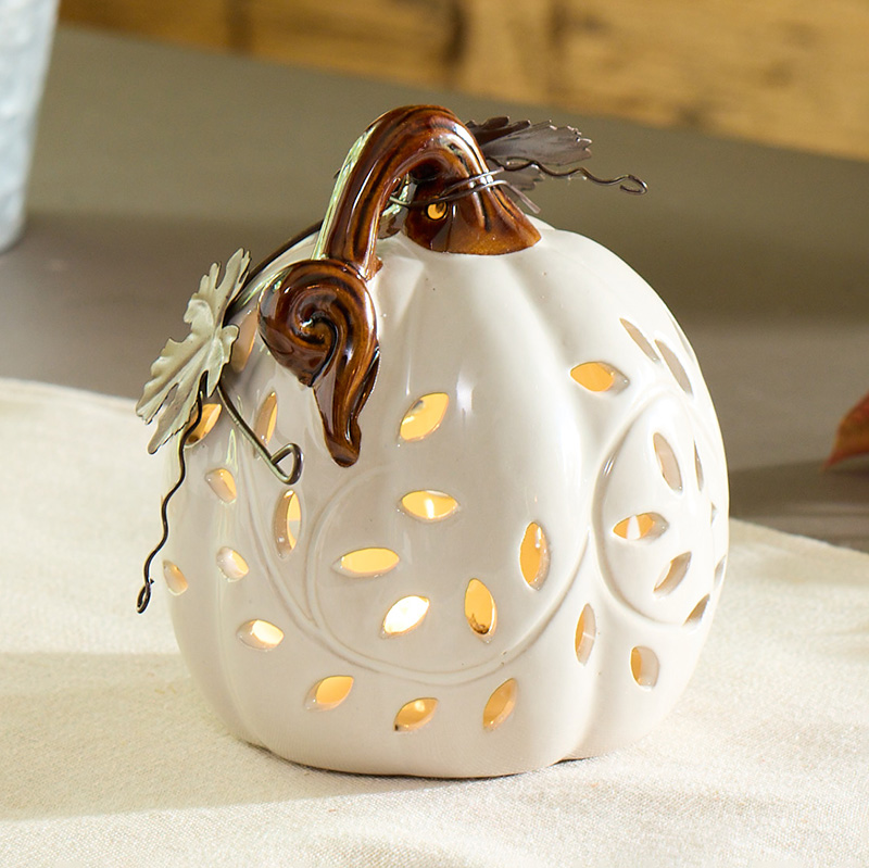 White Ceramic LED Pumpkin - Cracker Barrel