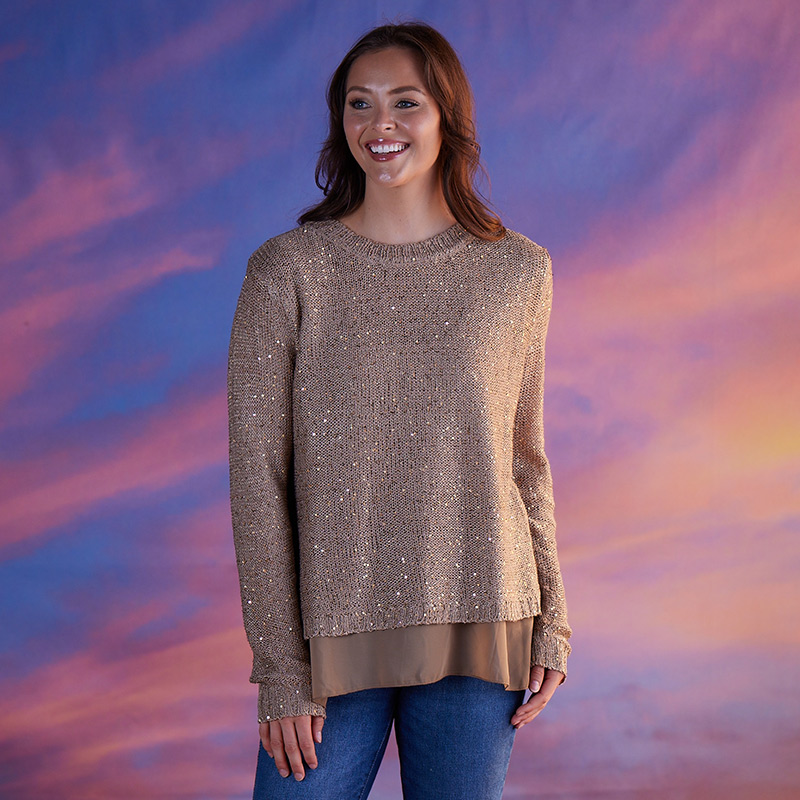 Taupe Bling Sweater with Buttons - Cracker Barrel