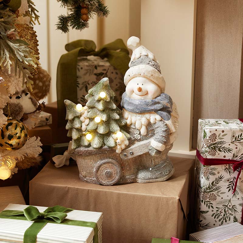 Lighted Snowman with Wheelbarrow - Cracker Barrel