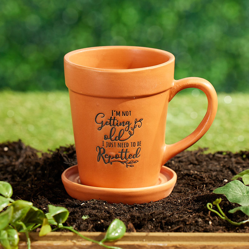 Stoneware Planter Mug with Coaster - Cracker Barrel