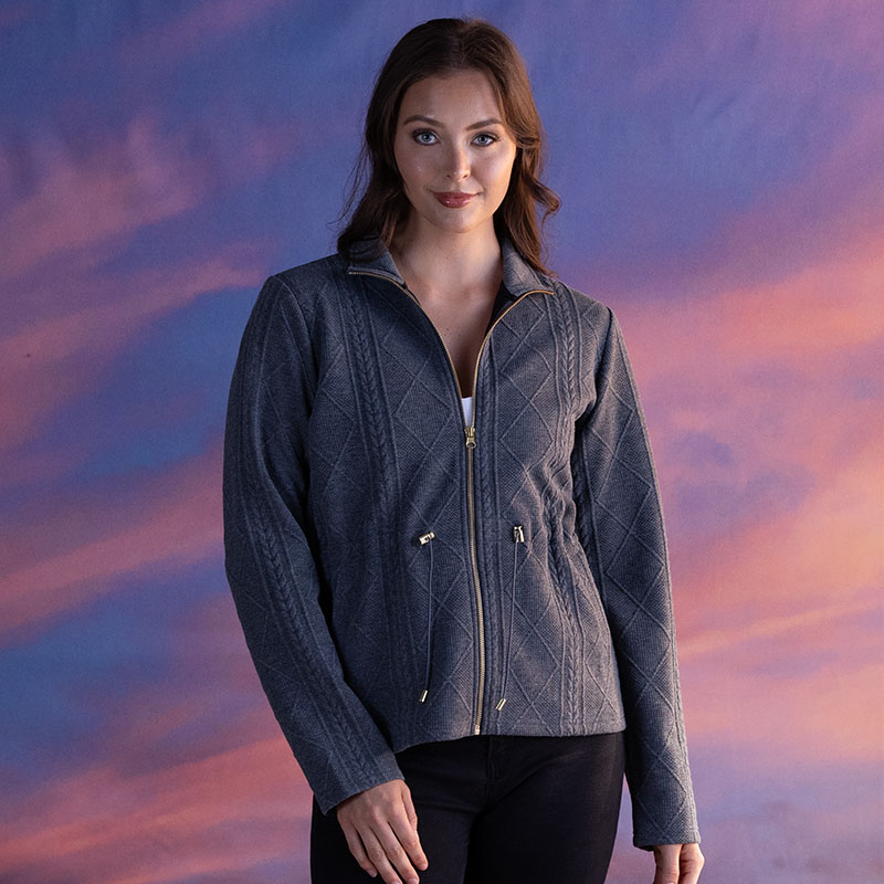 Charcoal Texture Knit Jacket with Cinched Waist - Cracker Barrel