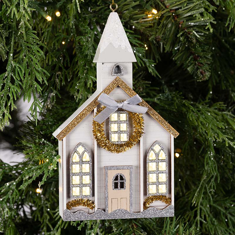LED Wood Church Ornament - Cracker Barrel