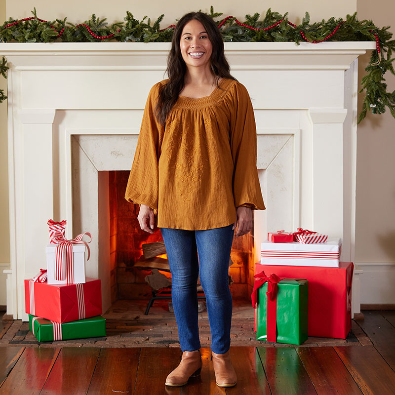 Gold Square Neck Embroidered Top - Cracker Barrel