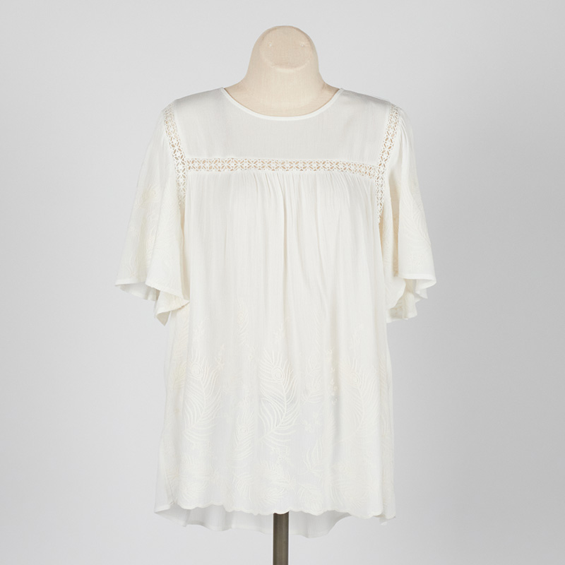 Embroidered Feather Woven Ivory Top - Cracker Barrel