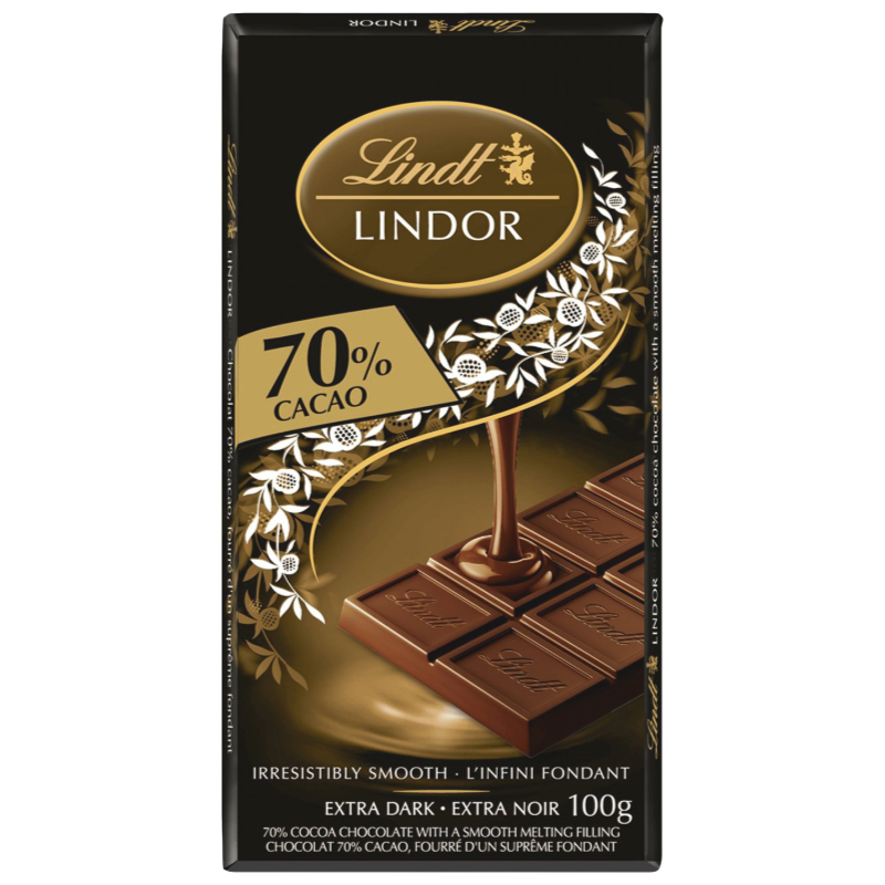 LINDOR Extra Dark Chocolate Bar - 70% Cacao - 100g
