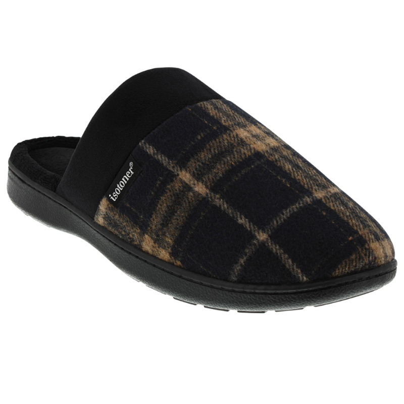 Isotoner Brushed Plaid Slide Slippers- Black - Large